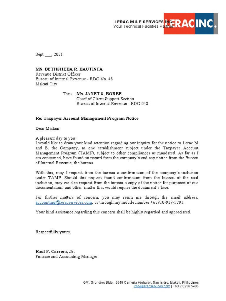BIR LETTER - Request For TAMP Notice | PDF