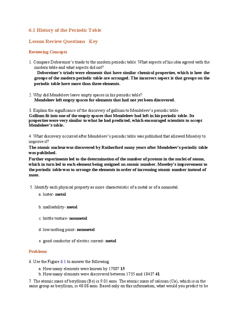 6.1 History of The Periodic Table-Lesson Review Questions | PDF ...
