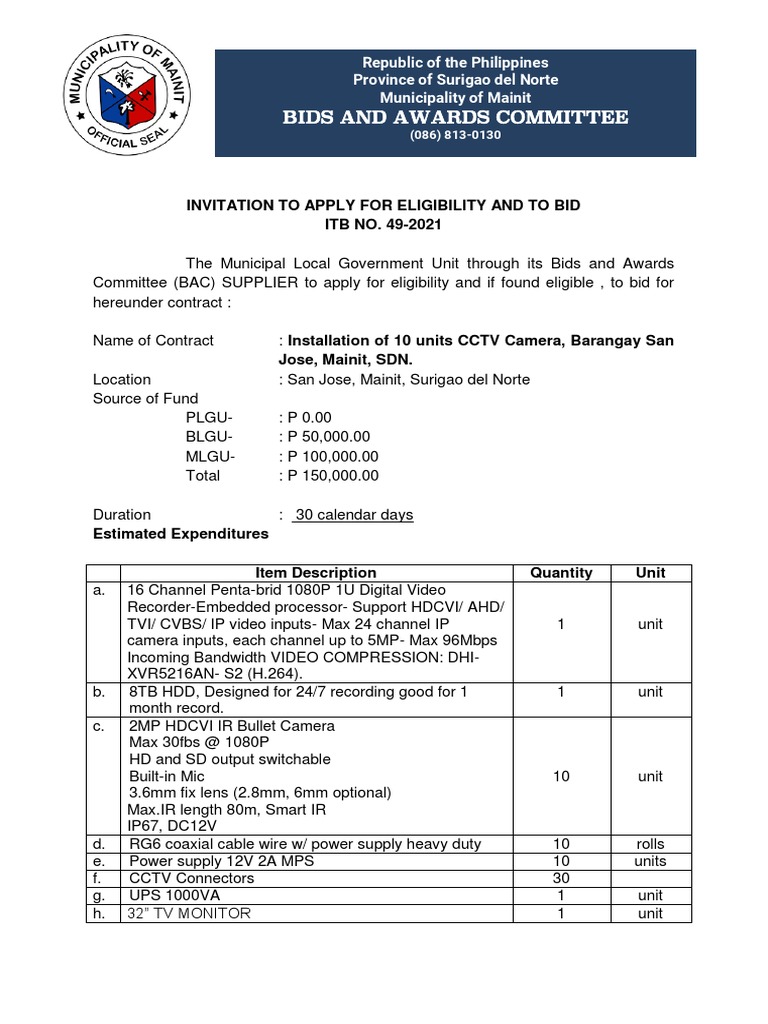 ITB 49-2021 Installation of 10 Units CCTV Camera, Barangay San Jose ...