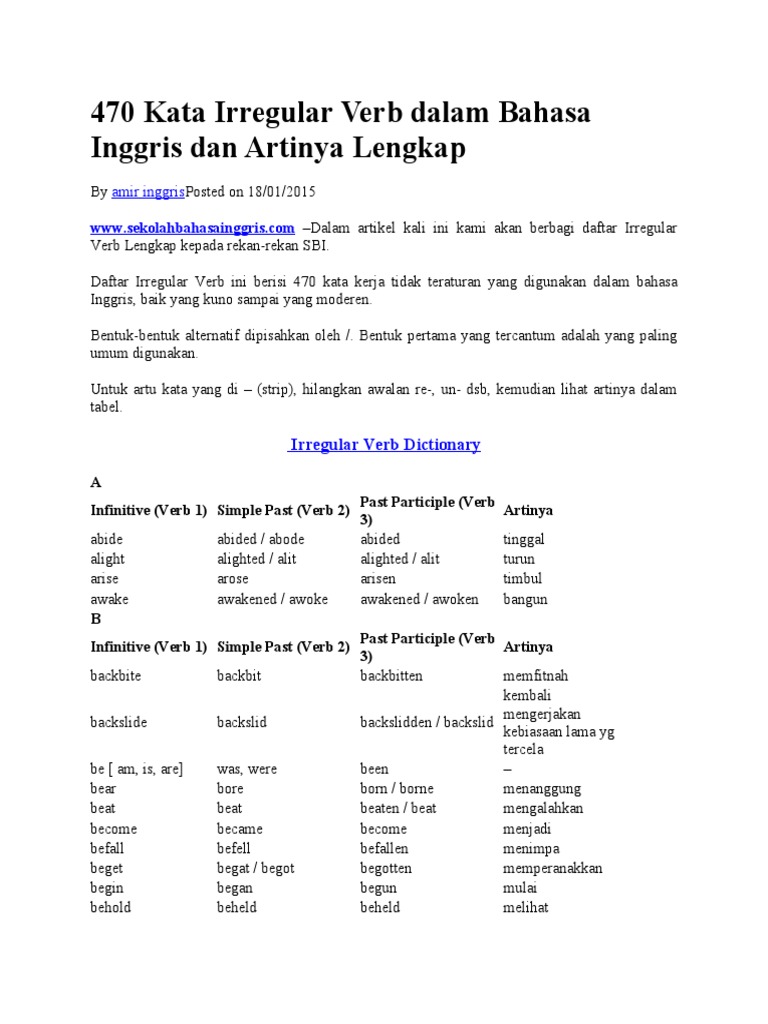 470 Kata Irregular Verb Dalam Bahasa Inggris Dan Artinya Lengkap | PDF