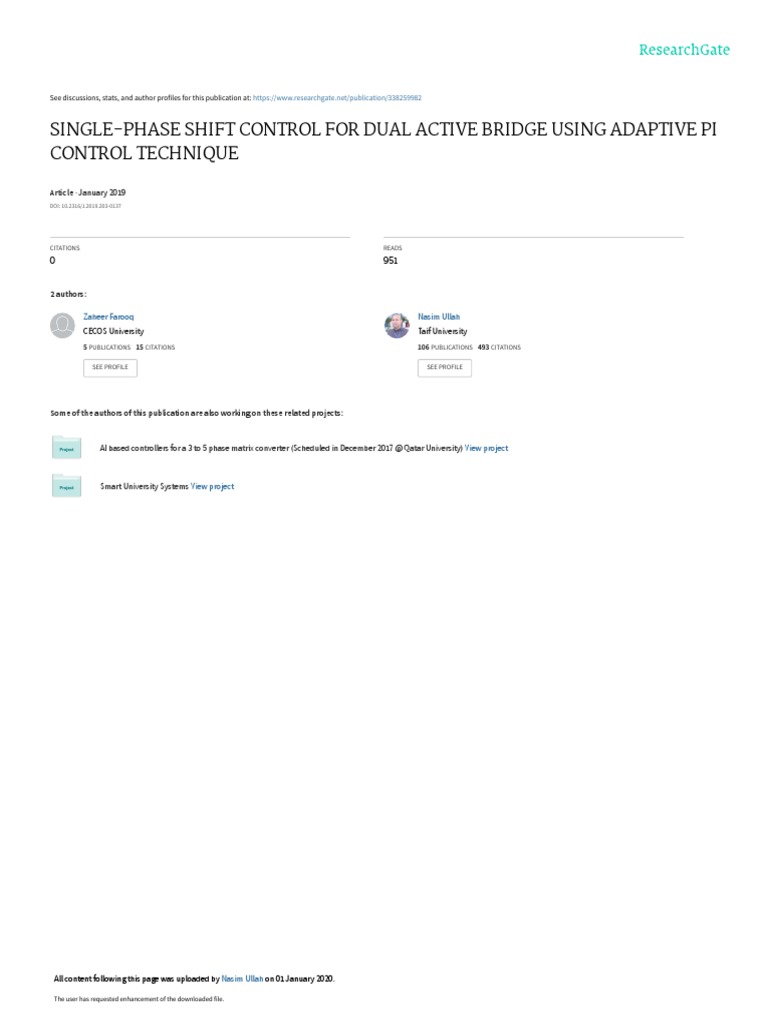 Single-Phase Shift Control For Dual Active Bridge Using Adaptive Pi Control Technique | PDF ...