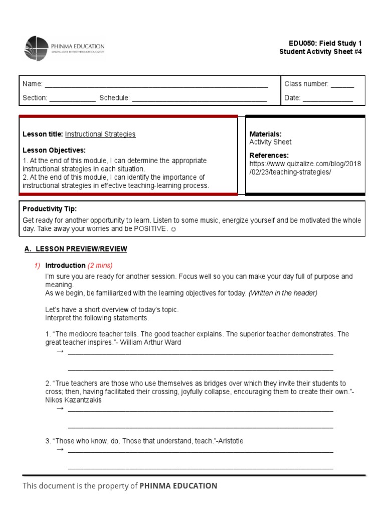 EDU050: Field Study 1 Student Activity Sheet #4: 1) (2 Mins) | PDF ...