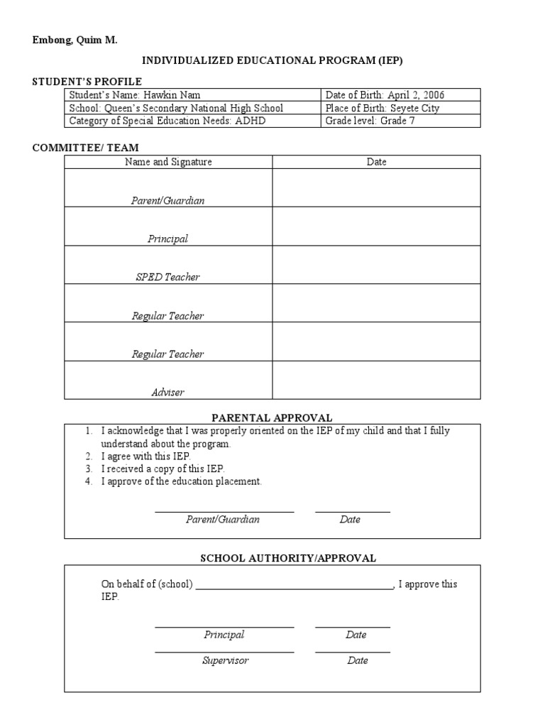 Parent/Guardian: Embong, Quim M. Individualized Educational Program ...