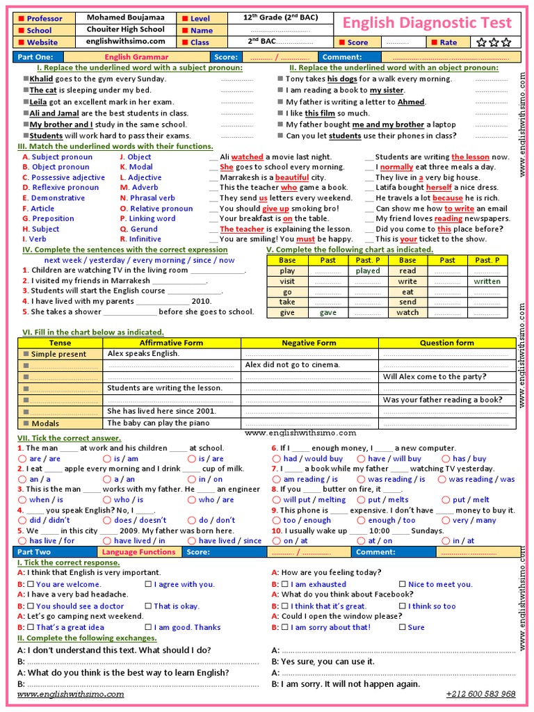 Diagnostic Test 2020 2021 Second Year BAC by English With Simo ...