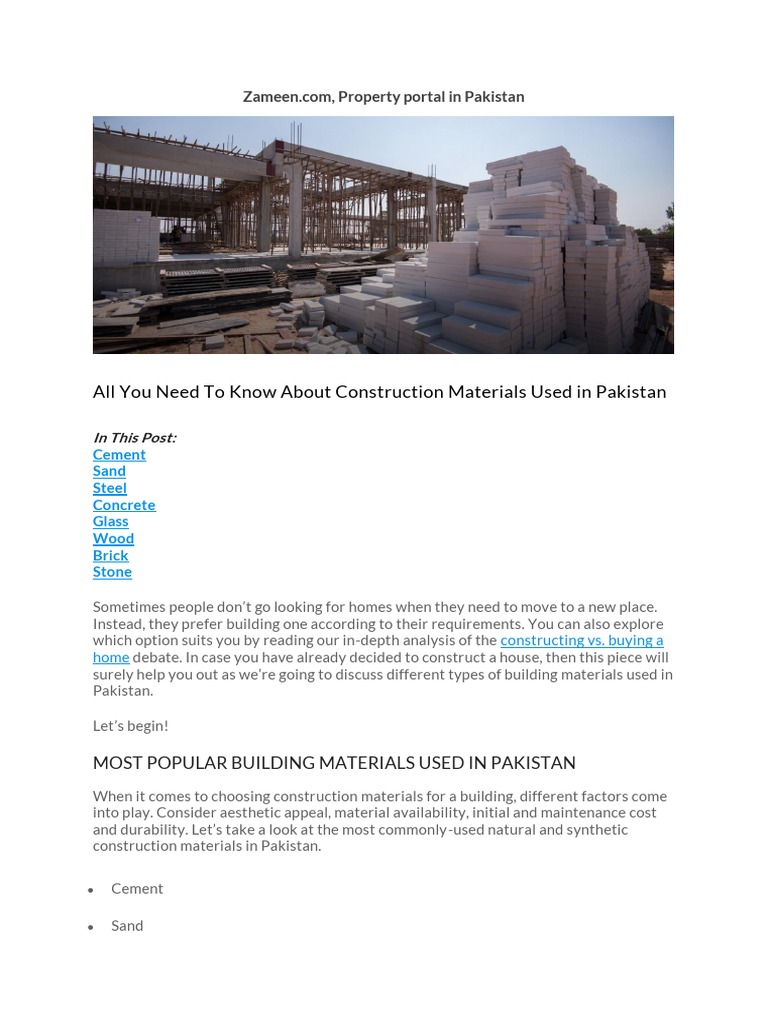 01 - Popular Building Materials Used in Pakistan & Their Rates | PDF ...