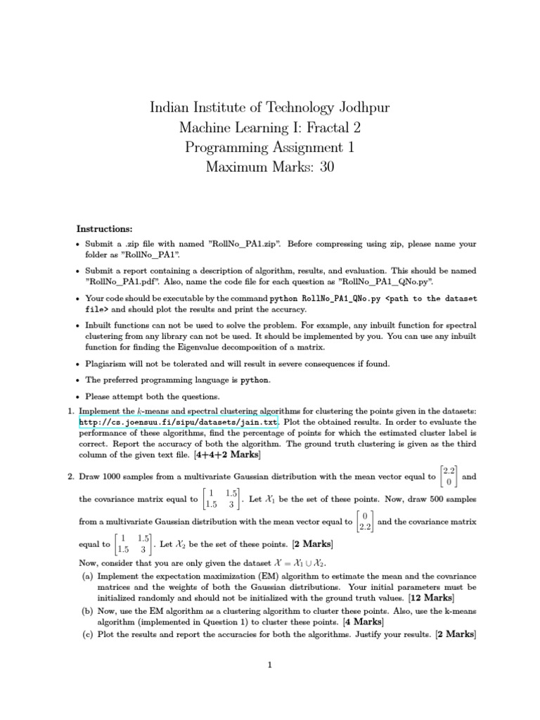 Machine Learning 1 Programming Assignment 1 Pdf Cluster Analysis Matrix Mathematics 