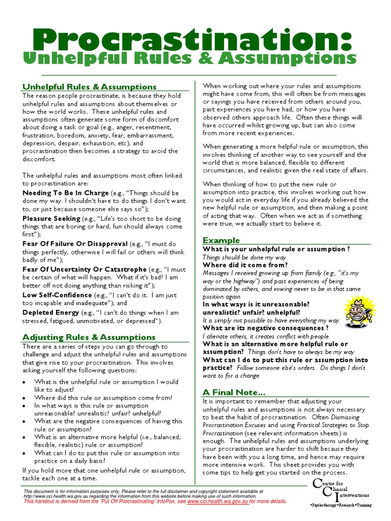 Procrastination Information Sheet - 05 - Unhelpful Rules and Assumptions | PDF | Professional ...