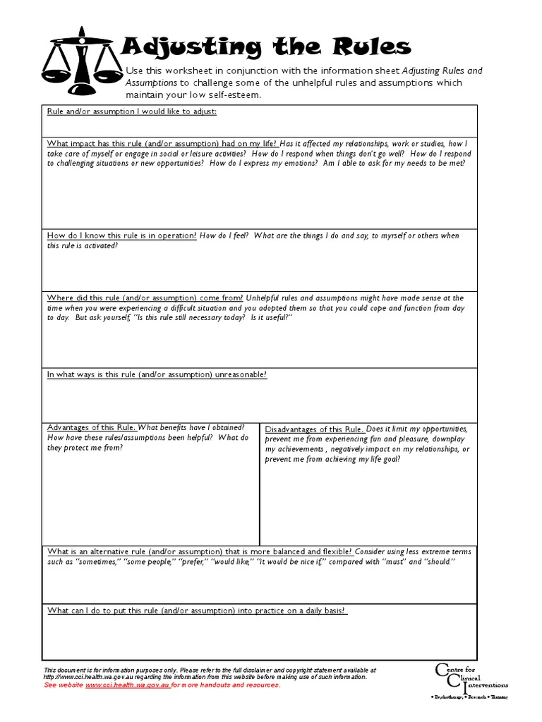 Self-Esteem Worksheet - 09 - Adjusting Rules and Assumptions | Download ...