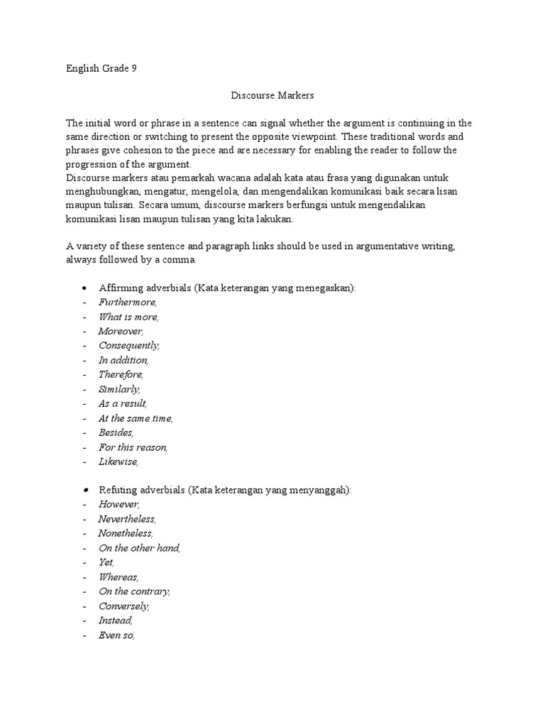 English Grade 9 (Discourse Markers) | PDF | Linguistics | Grammar