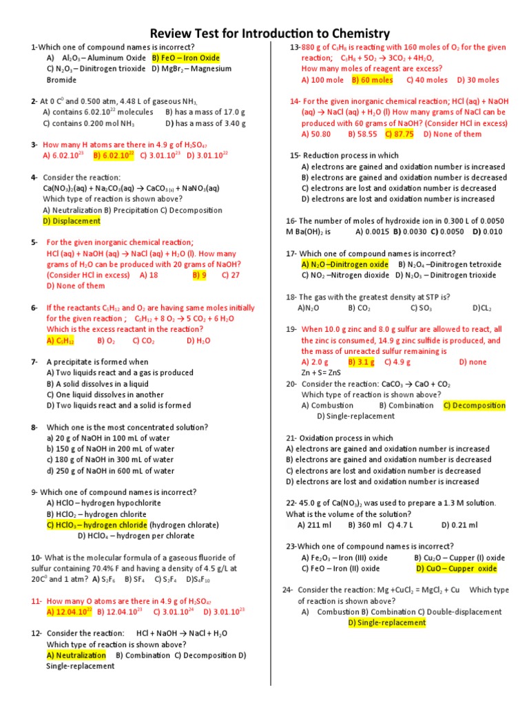 Review Test For Introduction To Chemistry | PDF | Redox | Chemical ...
