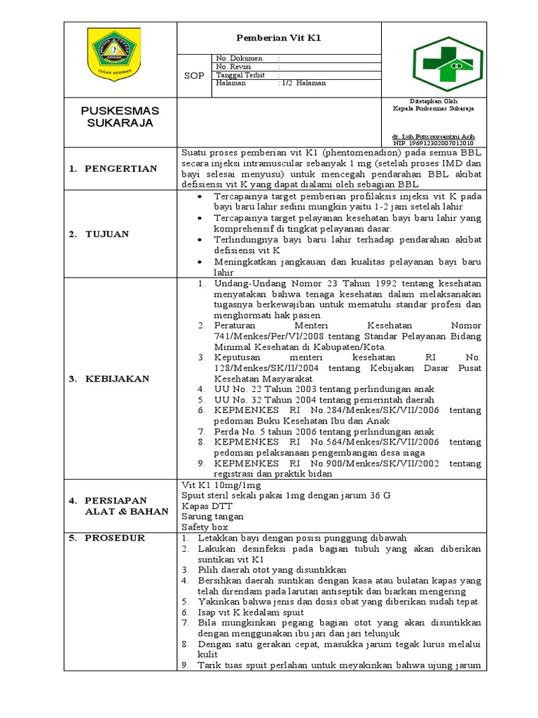 Sop Pemberian Vit K1 | PDF