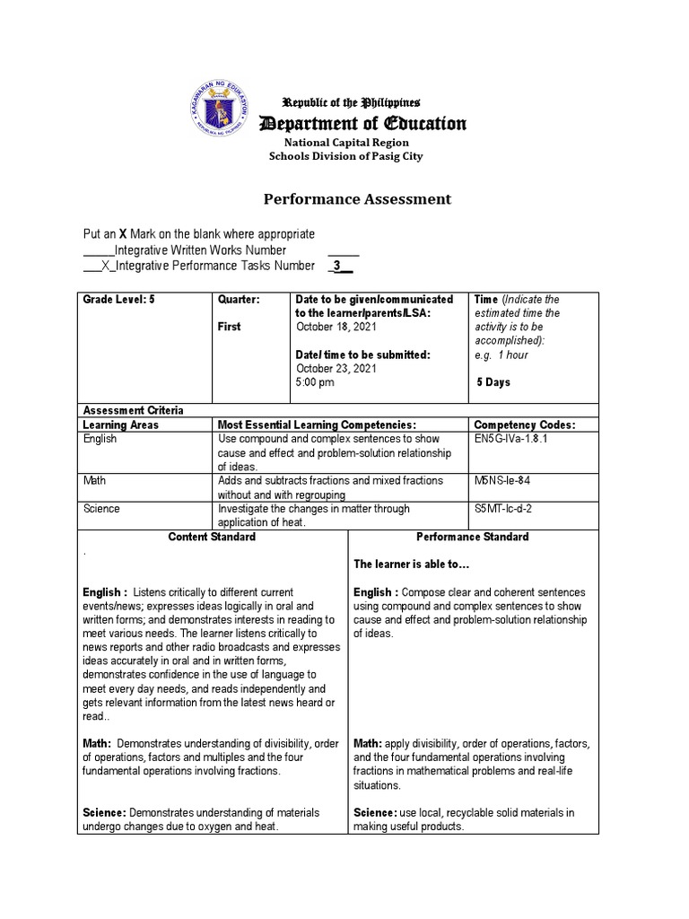 Department of Education: Performance Assessment | PDF | Learning ...