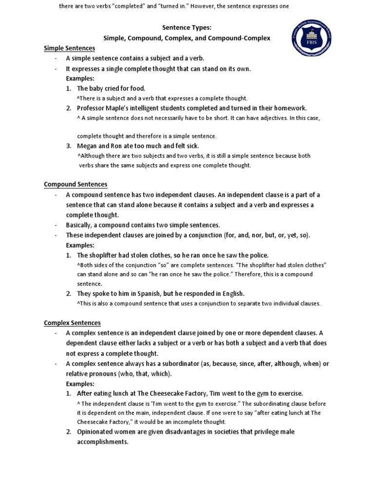 Sentence Types: Simple, Compound, Complex, and Compound-Complex | PDF ...