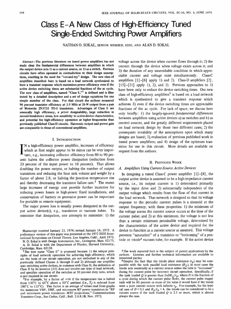 Class E-A New Class of High-Efficiency Tuned Single-Ended Switching ...