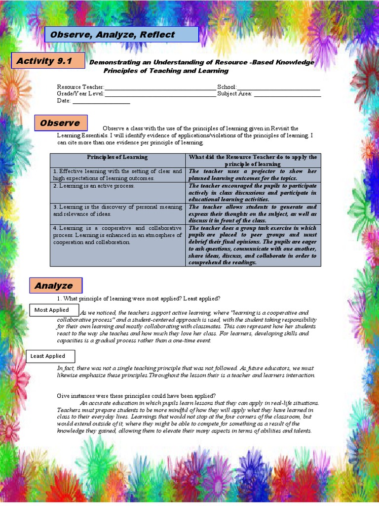 Observe, Analyze, Reflect Activity 9.1 | PDF | Teachers | Learning