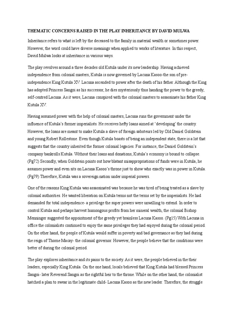 Thematic Concerns Raised in The Play Inheritance by David Mulwa | PDF ...