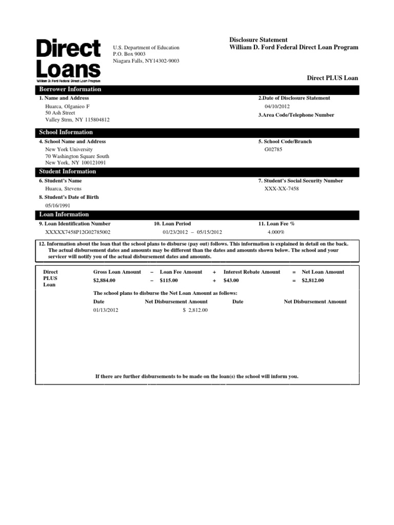 Borrower Information: Disclosure Statement William D. Ford Federal Direct Loan Program | PDF ...