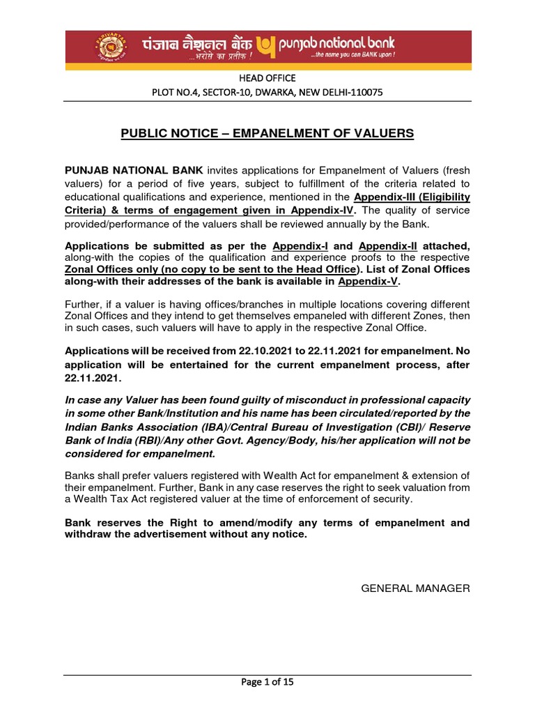 PNB Notice - Empanelment of Valuers | PDF | Real Estate Appraisal ...
