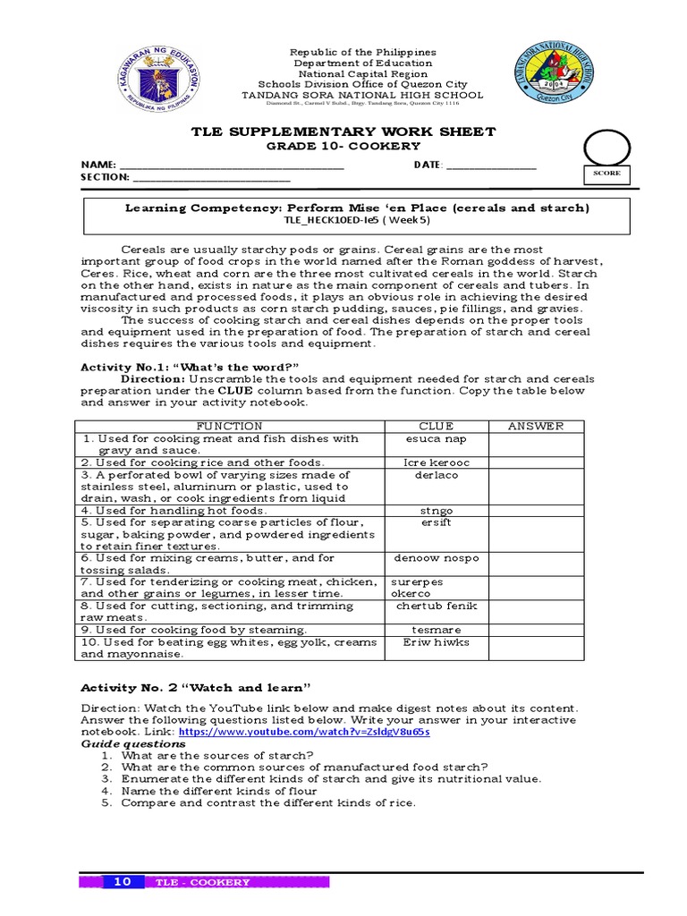Tle Supplementary Work Sheet: Grade 10-Cookery | PDF | Cereals | Cooking