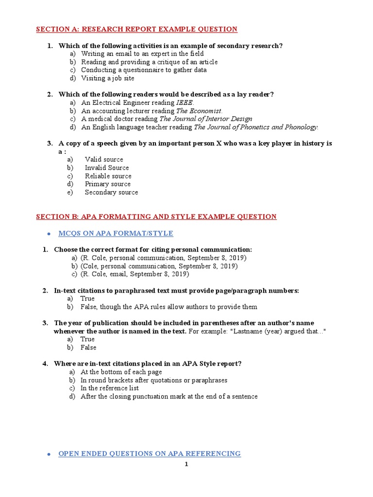Section A: Research Report Example Question: Mcqs On Apa Format/Style ...
