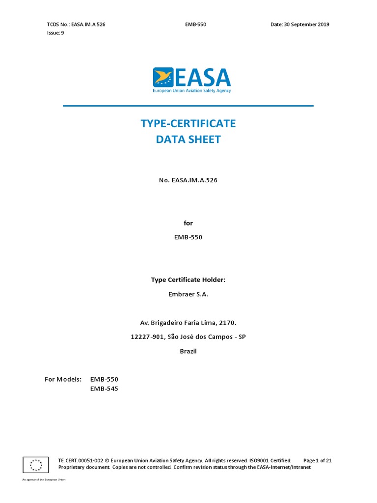 Type-Certificate Data Sheet: No. EASA - IM.A.526 | PDF | Airplane ...