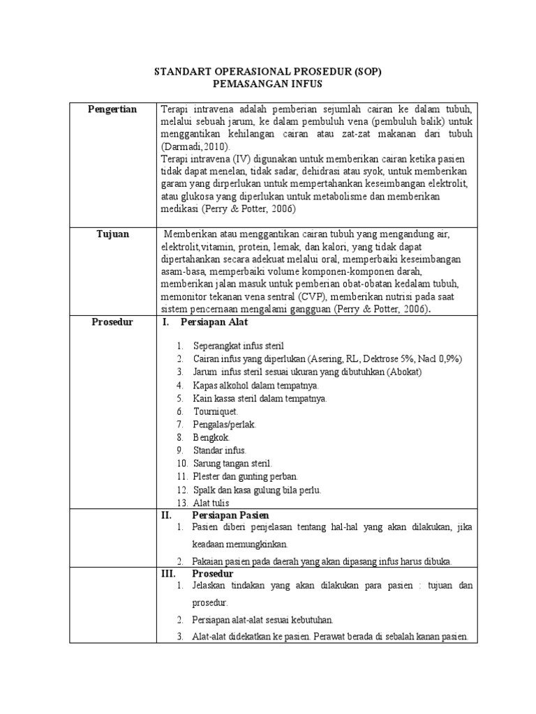 Standart Operasional Prosedur Terapi Intravena | PDF