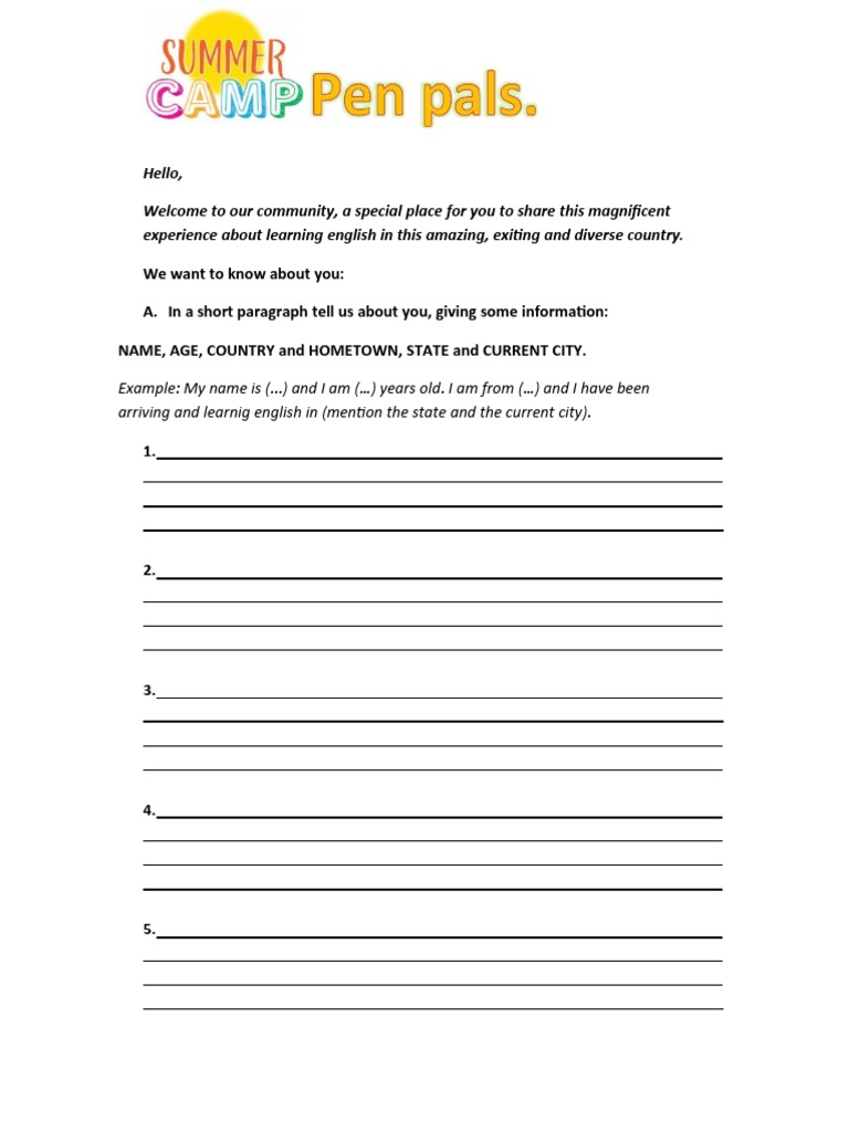 Summer Camp Pen Pal Form - First Phase Ingles | PDF | Foreign Language ...