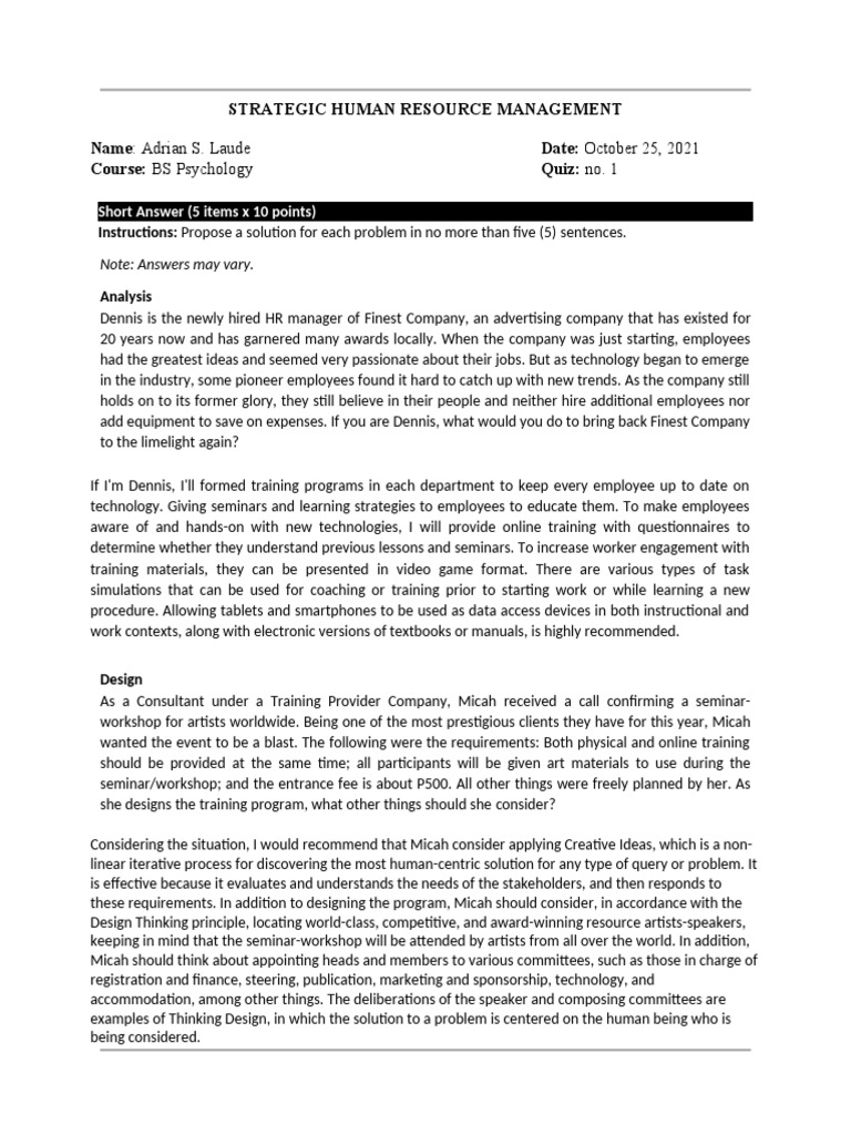 Human Resource Management Quiz 1 | PDF | Human Resource Management ...