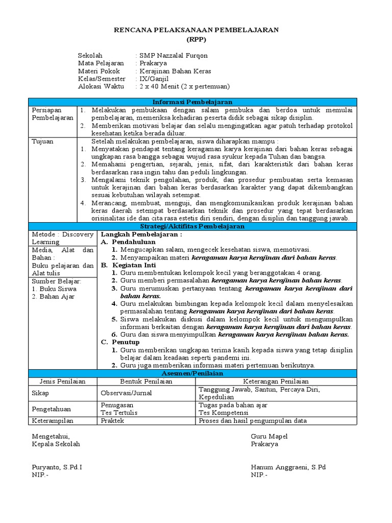 RPP Prakarya Kelas 9 Semester 1 Dan 2 | PDF | Sains & Matematika