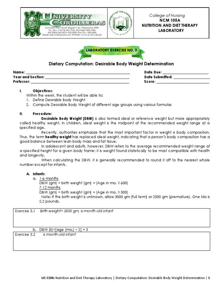 Dietary Computation: Desirable Body Weight Determination: NCM 105A ...