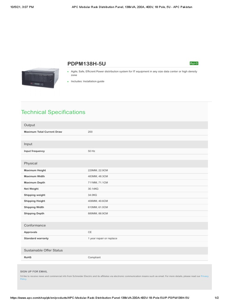 APC Modular Rack Distribution Panel, 138kVA, 200A, 400V, 18 Pole, 5U - APC Pakistan | PDF | Data ...
