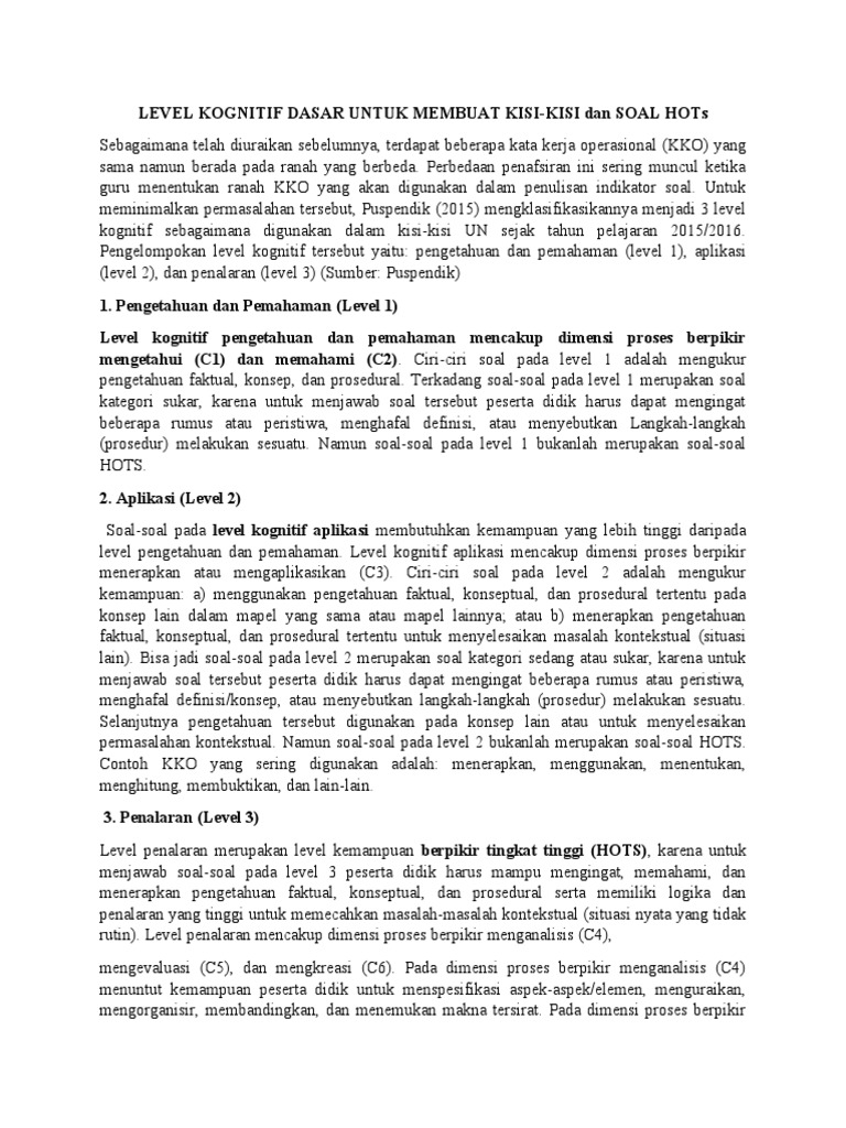Level Kognitif Soal L1, L2, L3 HOTS | PDF