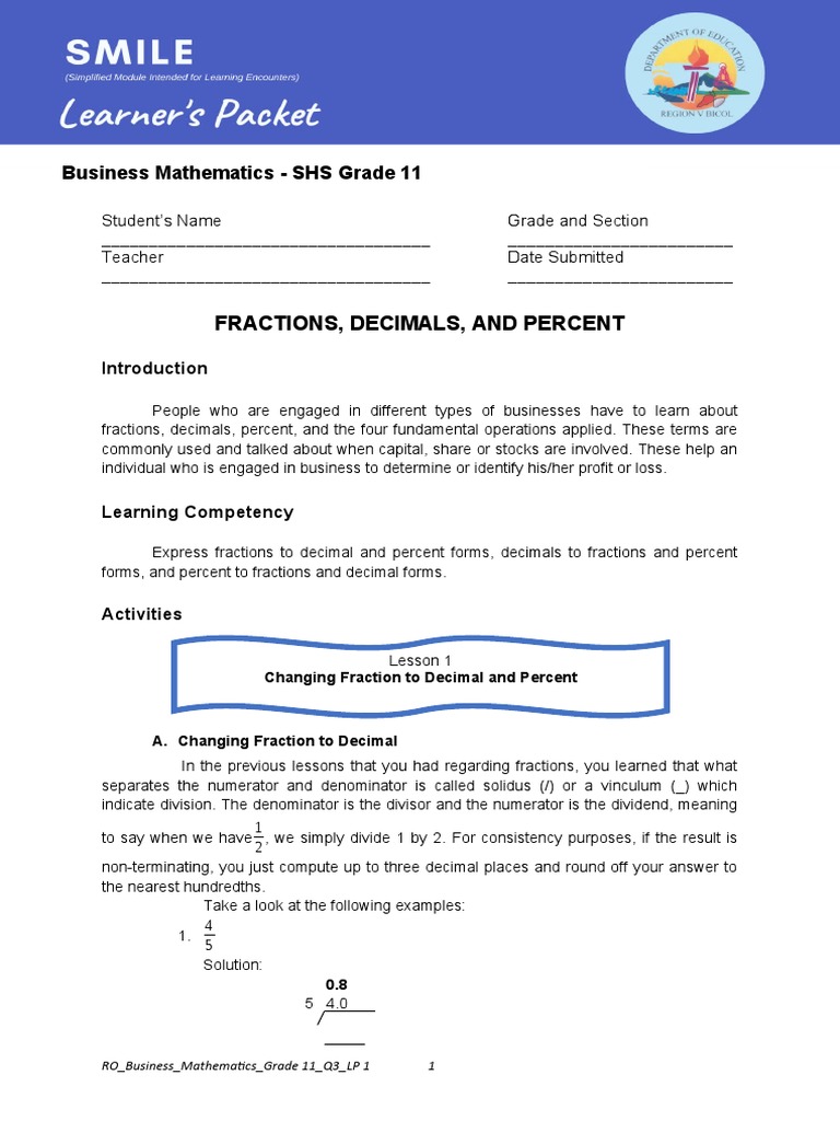 Business Math - Fractions, Decimals, Percents | PDF | Decimal | Lexicology