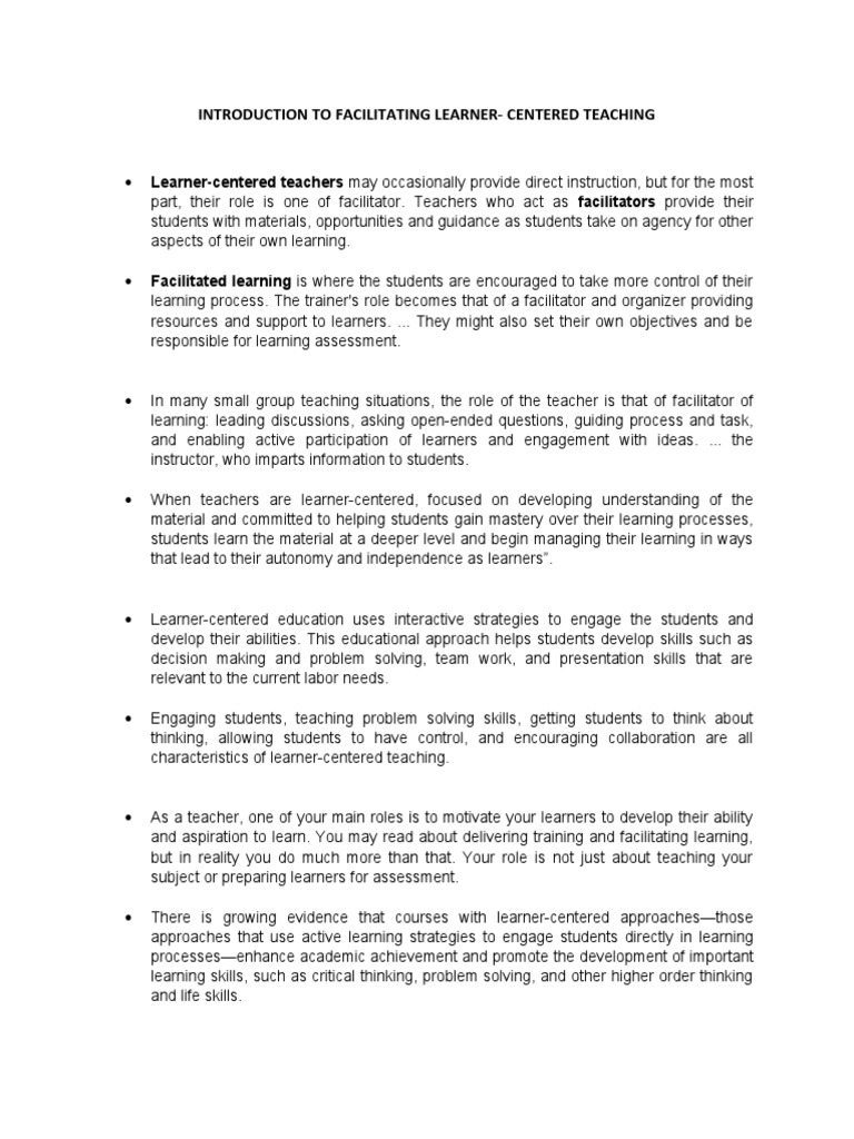 Study Material-INTRODUCTION TO FACILITATING LEARNER-CENTERED TEACHING | PDF | Learning | Pedagogy