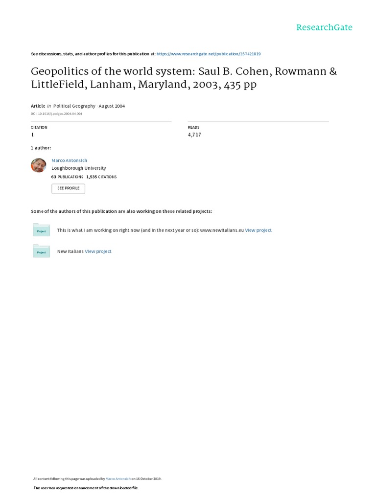 Geopolitics of The World System: Saul B. Cohen, Rowmann & Littlefield, Lanham, Maryland, 2003 ...