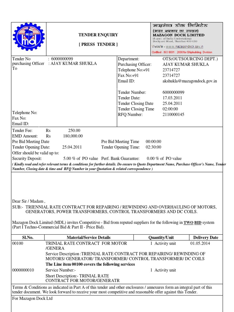 Tender Enquiry (Press Tender) : Page: 1 of 1 | PDF | Transformer | Prices