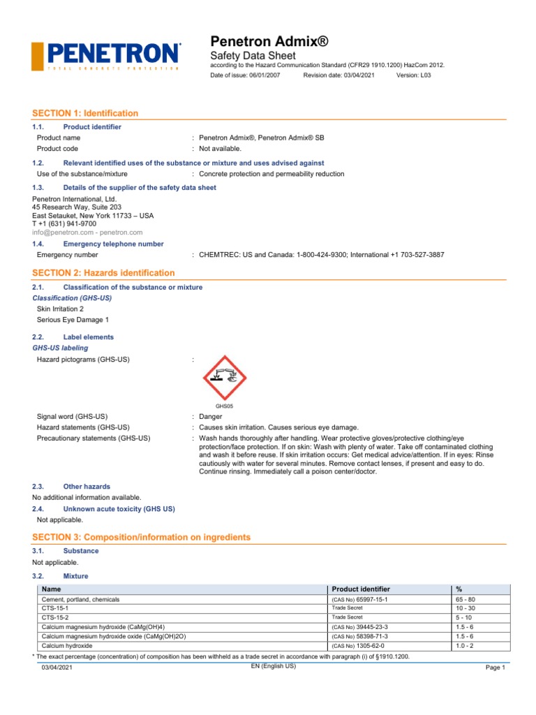 Penetron Admix®: Safety Data Sheet | PDF | Toxicity | Water