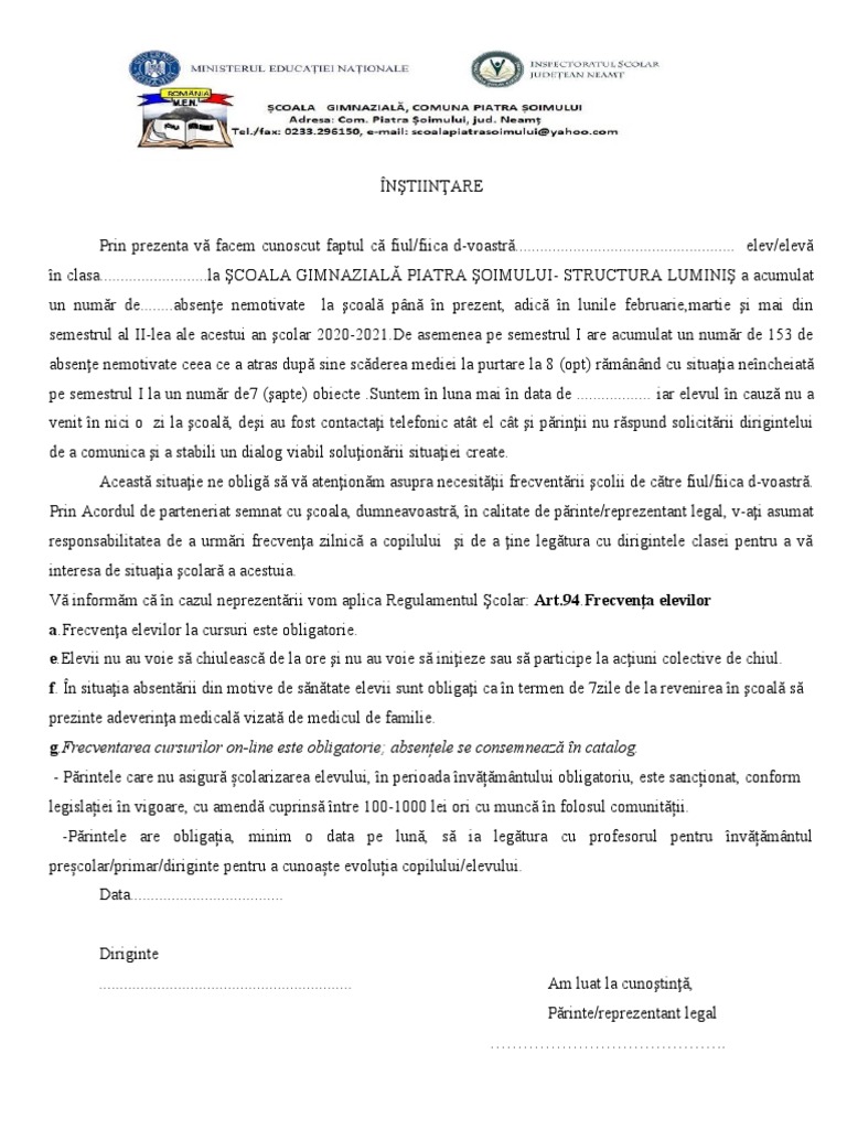 Model Instiintare Absente | PDF