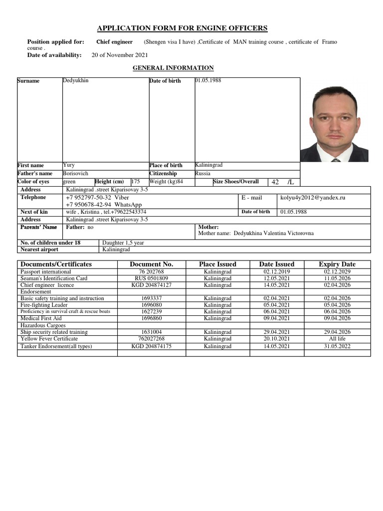 Chief Engineer Application Form | PDF | Ships | Shipping