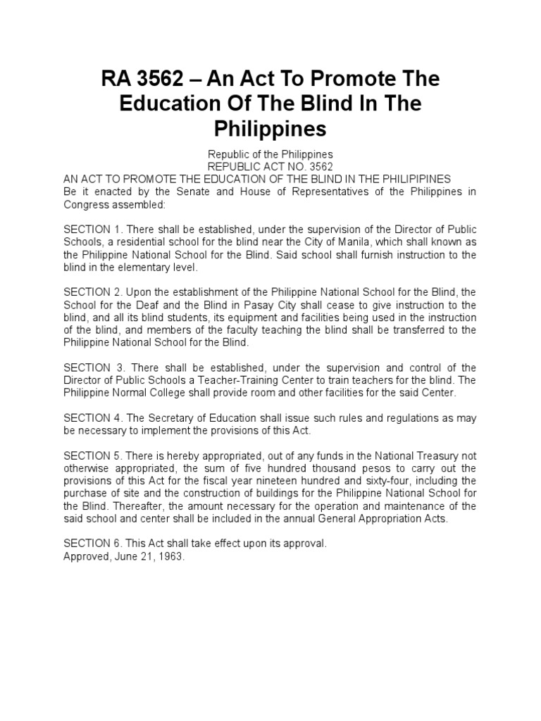 RA 3562 - An Act To Promote The Education of The Blind in The ...