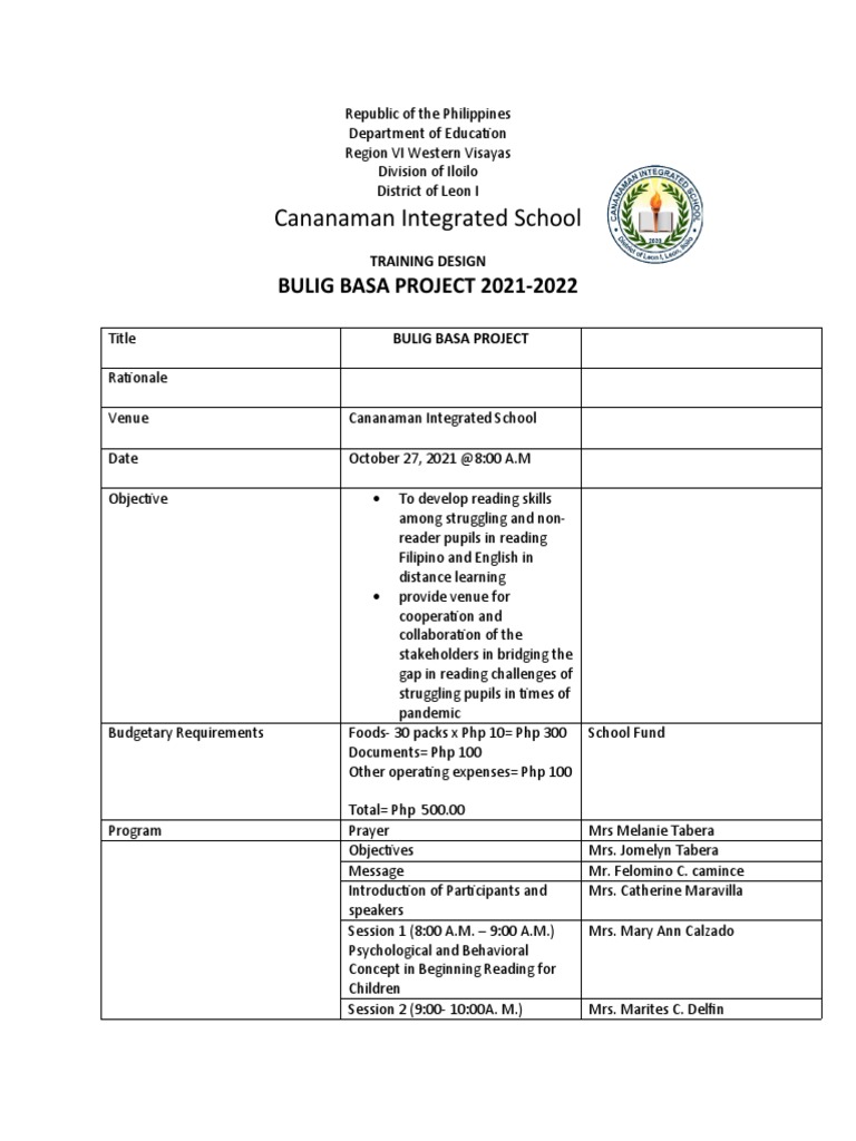 Training Design in Bulig Basa Project 2021 | PDF | Behavior ...
