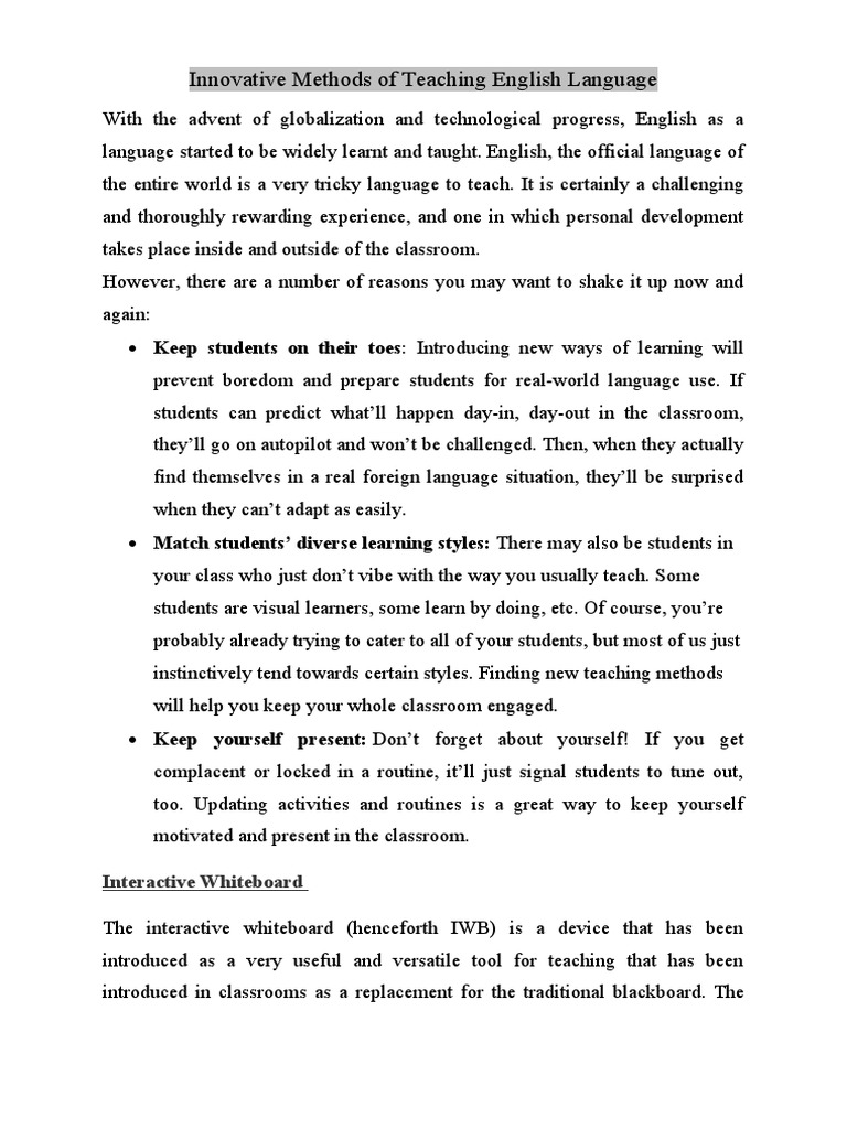 Innovative Methods of Teaching English Language | PDF | Teachers | Learning
