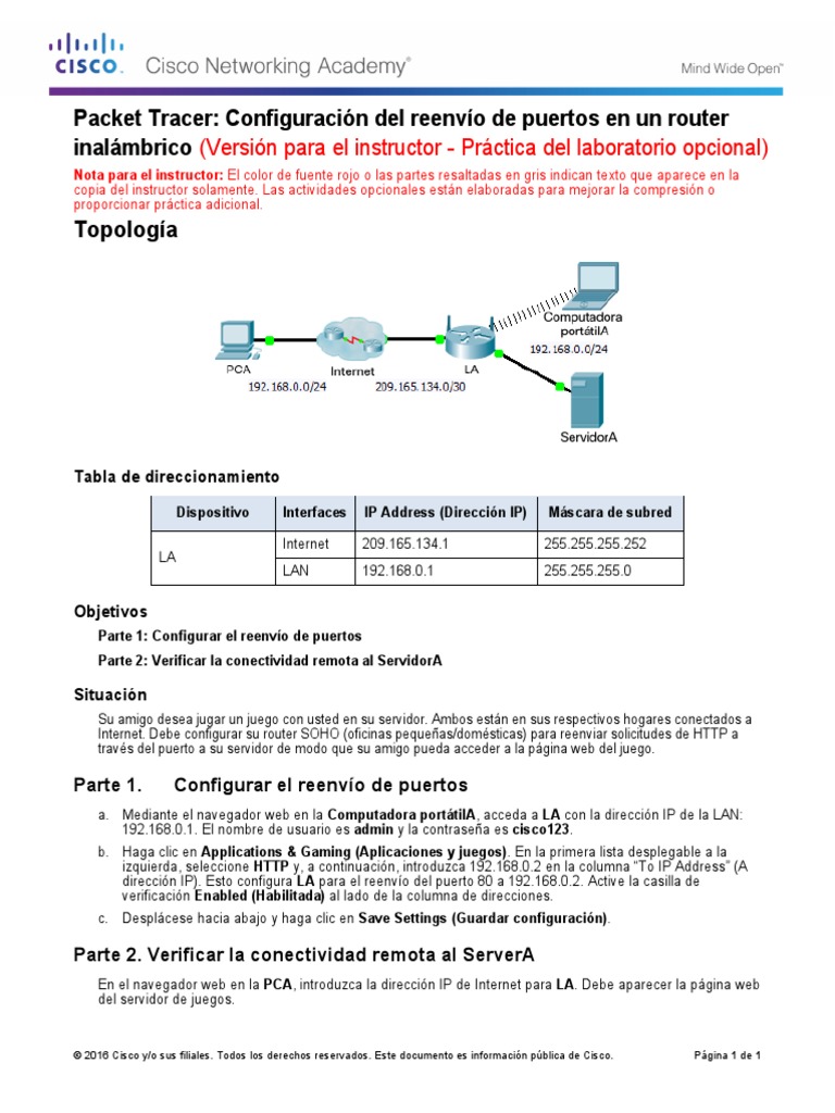 9.2.4.4 Packet Tracer - Configuring Port Forwarding On A Wireless Router Instructions - ILM | PDF