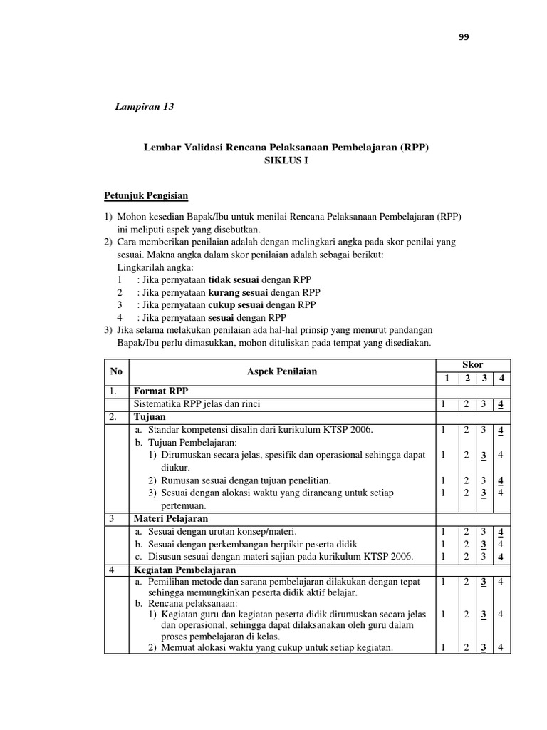 13.lembar Validasi RPP Siklus I | PDF