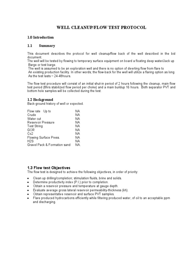 Well Cleanup/Flow Test Protocol | PDF | Valve | Petroleum Reservoir