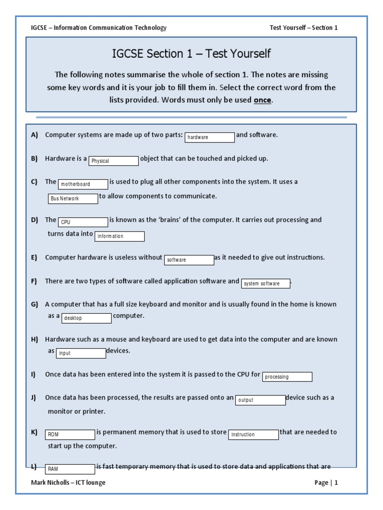 IGCSE - Information Communication Technology Test Yourself - Section 1 ...