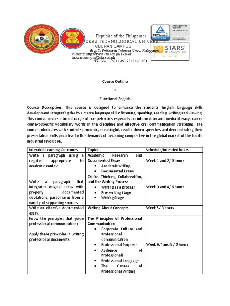 Course Outline for Functional English: Developing Competencies in ...
