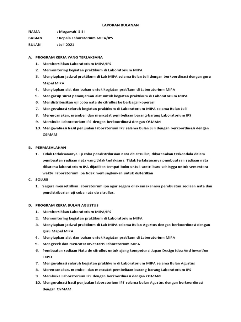 Laporan Bulanan Laboratorium MIPA/IPS | PDF