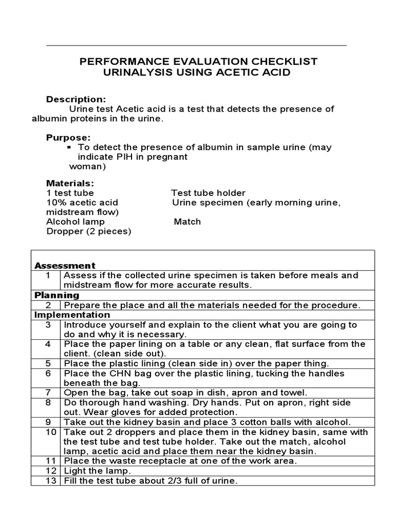 Checklist Urinalysis Acetic Benedicts NCM 104 | PDF | Urine | Medical ...
