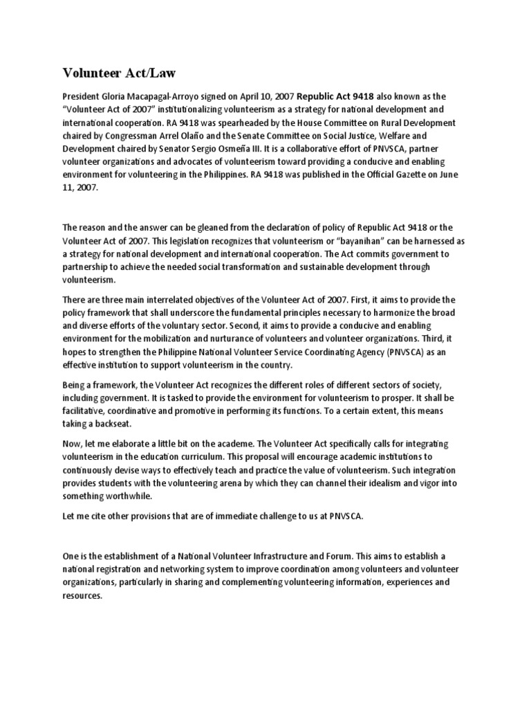 Volunteer Act Law | PDF | Volunteering | Sexual Harassment